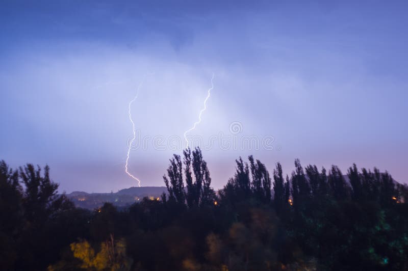 Night Lightning Storm Over City in Blue Dramatic Lighting Stock Photo ...
