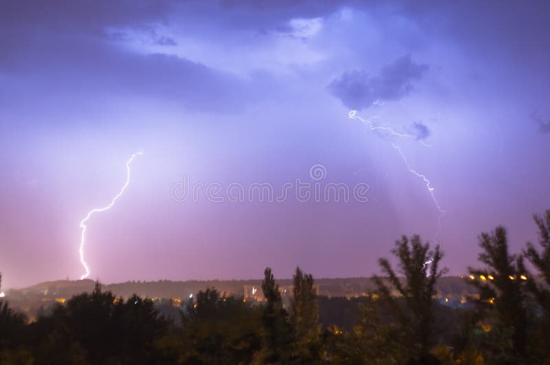 Night Lightning Storm Over City in Blue Dramatic Lighting Stock Photo ...