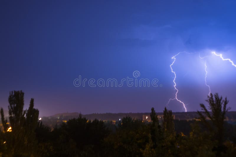 Night Lightning Storm Over City in Blue Dramatic Lighting Stock Photo ...