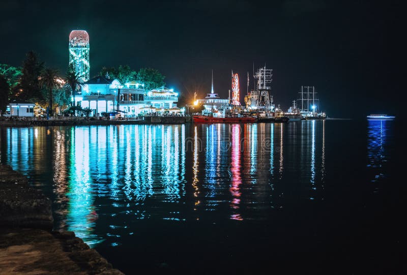 Night Lights of Batumi in the Summer, View from the Embankment, August ...