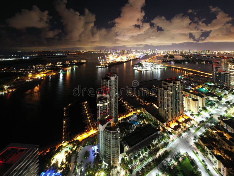 Night Lights City of Miami View of Bay and Port Stock Image - Image of ...