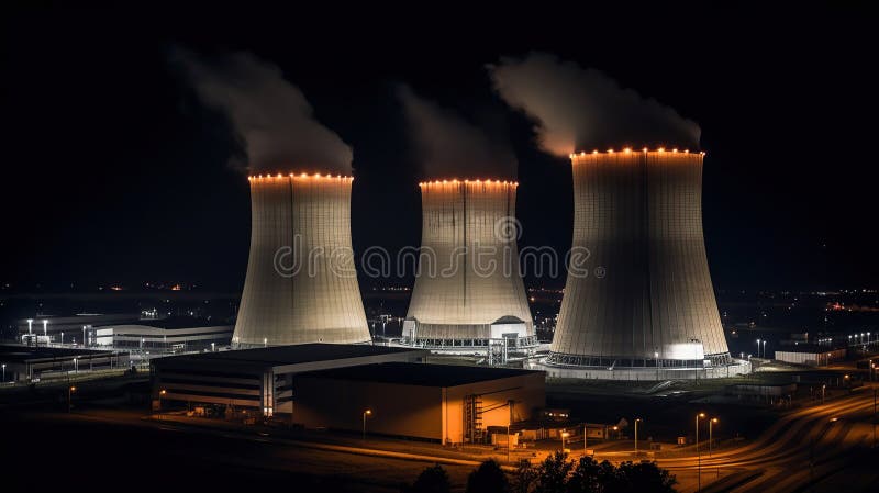 Night Lights of Nuclear Power Station, Generative Ai Stock Illustration ...