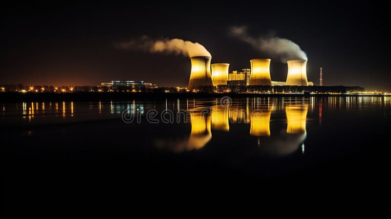 Night Lights of Nuclear Power Station, Generative Ai Stock Illustration ...