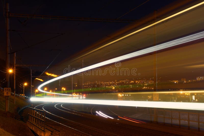 Night lights of the train stock photo. Image of journey - 184860112