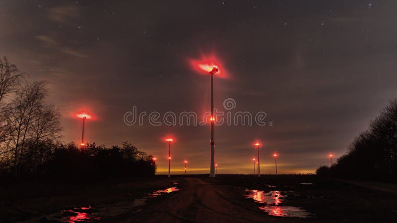 At Night the Lights in a Wind Farm Stock Photo - Image of evening ...