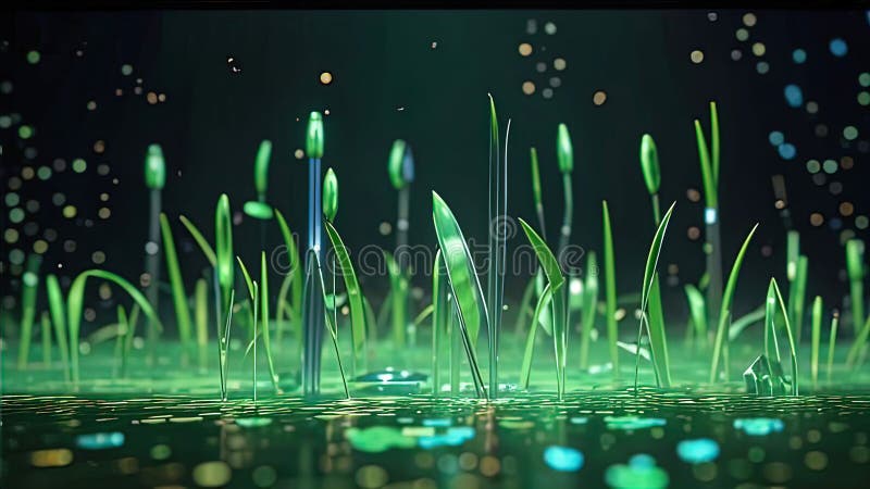 Night Luminescent Thin Plants Thin Grass Vegetation Abstract Scene With Grass Stock