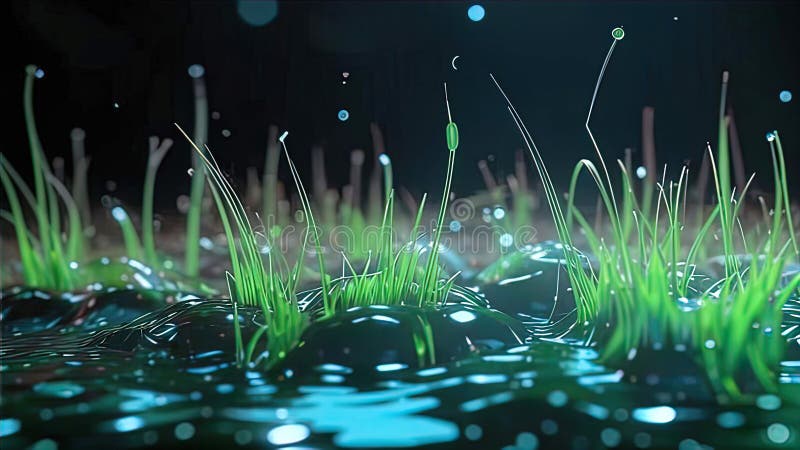 Night Luminescent Thin Plants Thin Grass Vegetation Abstract Scene With Grass Stock