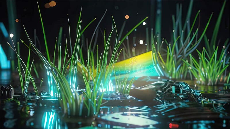Night Luminescent Thin Plants Thin Grass Vegetation Abstract Scene With Grass Stock