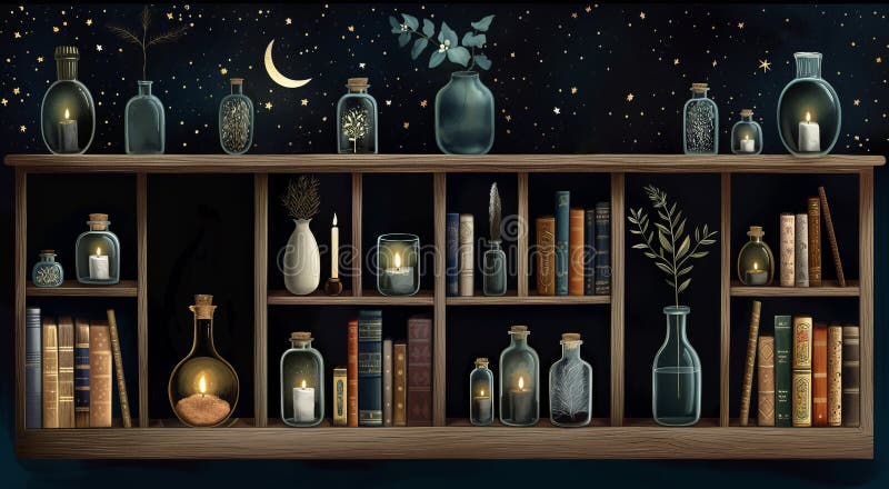 Night Magical Library with Books and Potion Bottles on Shelves. Night ...