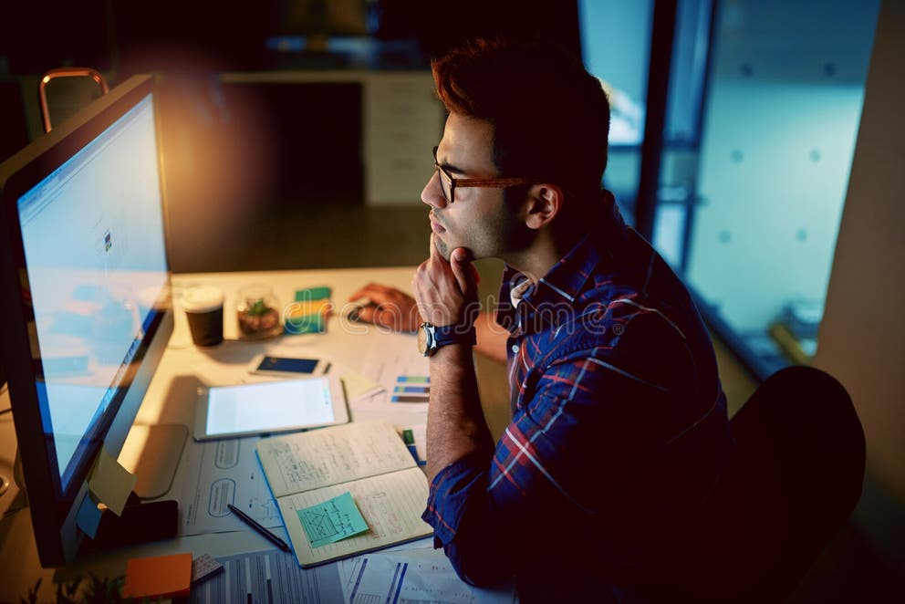 Night, Man and Thinking at Computer for Planning, Web Development and ...