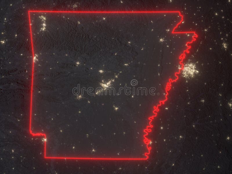 Night Map of Arkansas with Glowing Red State Borders and Bright City ...