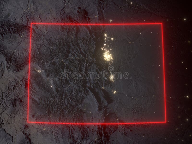 Night Map of Colorado with Glowing Red State Borders and Bright City ...