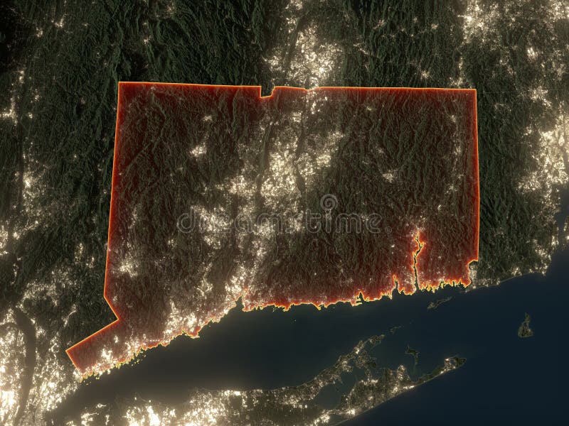 Night Map of Connecticut with Glowing Red State Borders and City Lights ...