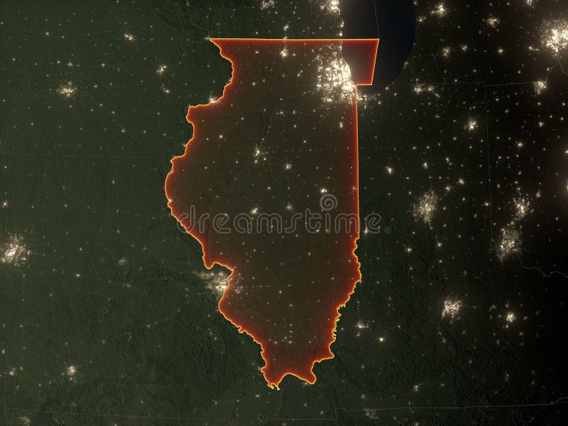 Night Map of Illinois with Glowing Red State Borders and City Lights ...