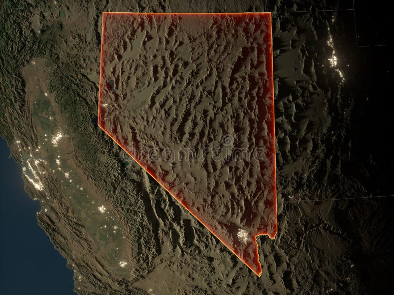 Night Map of Nevada with Glowing Red State Borders and City Lights ...