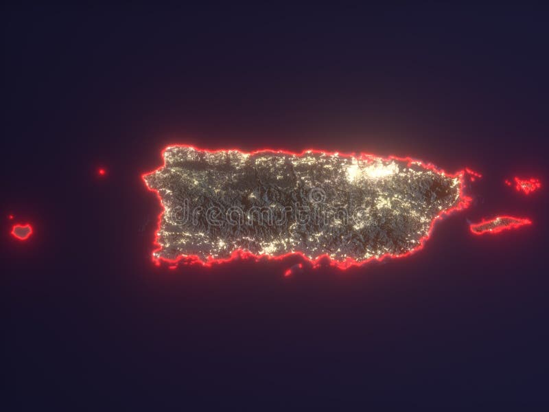 Night Map of Puerto Rico with Glowing Red State Borders and Bright City ...
