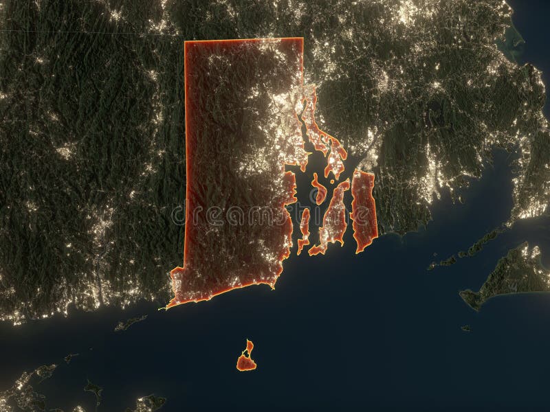 Night Map of Rhode Island with Glowing Red State Borders and City ...