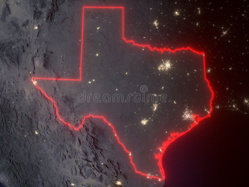 Night Map of Texas with Glowing Red State Borders and Bright City ...