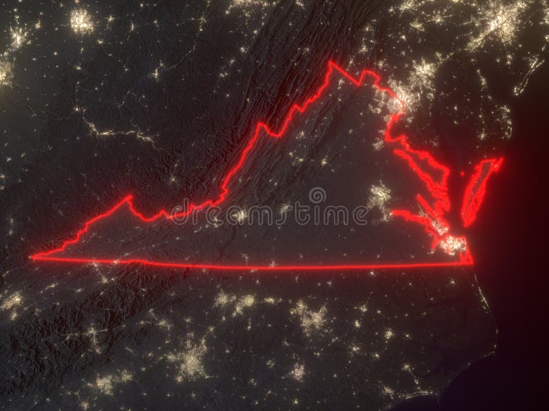 Night Map of Virginia with Glowing Red State Borders and Bright City ...