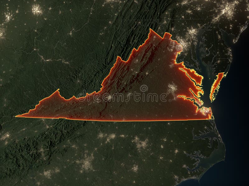 Night Map of Virginia with Glowing Red State Borders and City Lights ...