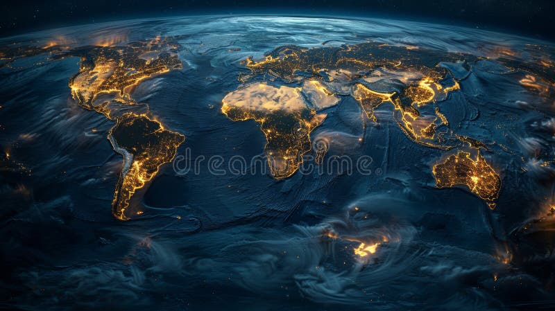 Night Map of the World with Glowing Lights. Illuminated Geographical ...