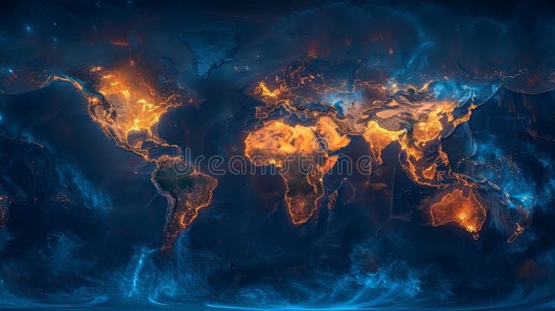Night Map of the World with Glowing Lights. Illuminated Geographical ...