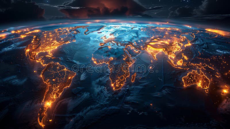 Night Map of the World with Glowing Lights. Illuminated Geographical ...