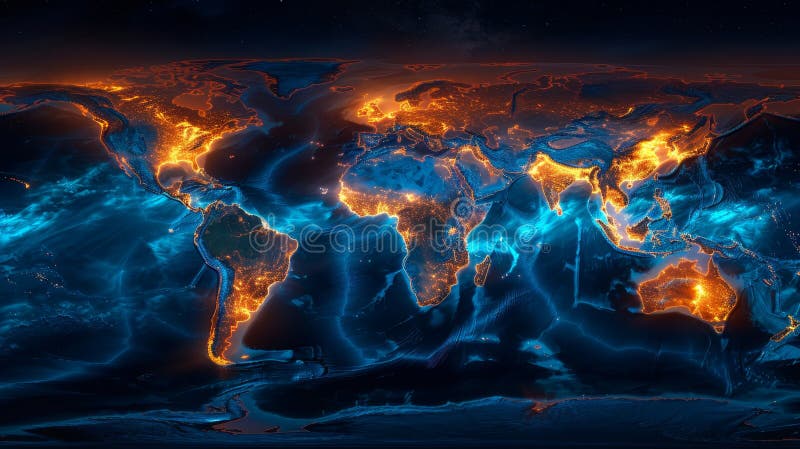 Night Map of the World with Glowing Lights. Illuminated Geographical ...