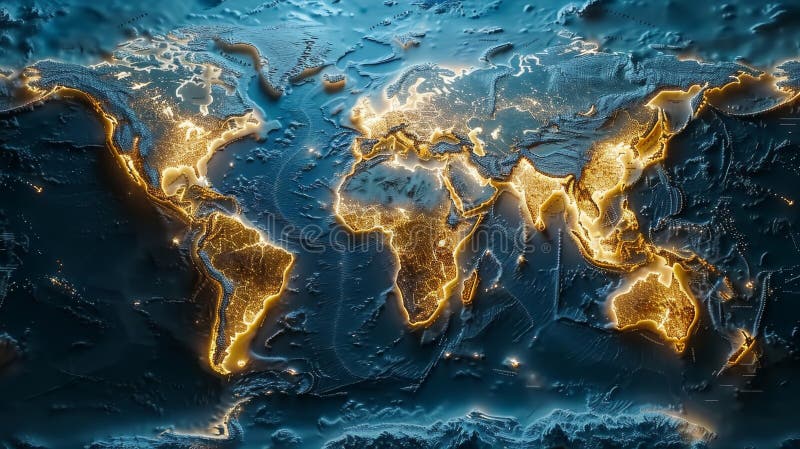 Night Map of the World with Glowing Lights. Illuminated Geographical ...