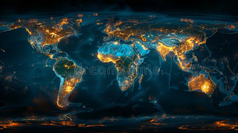 Night Map of the World with Glowing Lights. Illuminated Geographical ...