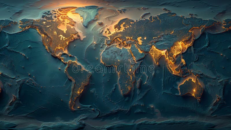 Night Map of the World with Glowing Lights. Illuminated Geographical ...