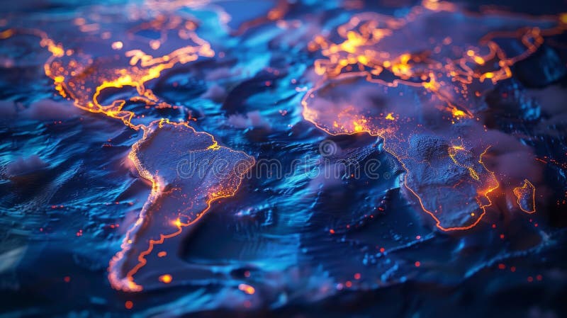 Night Map of the World with Glowing Lights. Illuminated Geographical ...