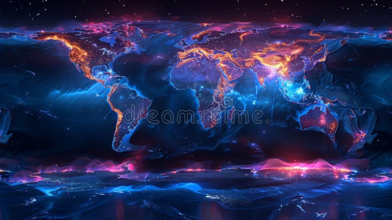 Night Map of the World with Glowing Lights. Illuminated Geographical ...