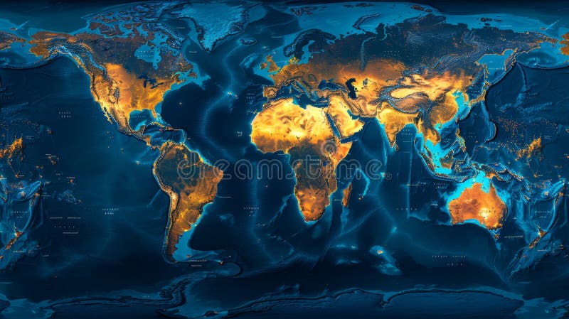 Night Map of the World with Glowing Lights. Illuminated Geographical ...