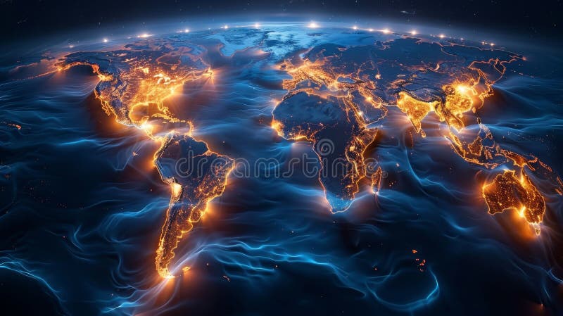 Night Map of the World with Glowing Lights. Illuminated Geographical ...