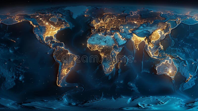 Night Map of the World with Glowing Lights. Illuminated Geographical ...