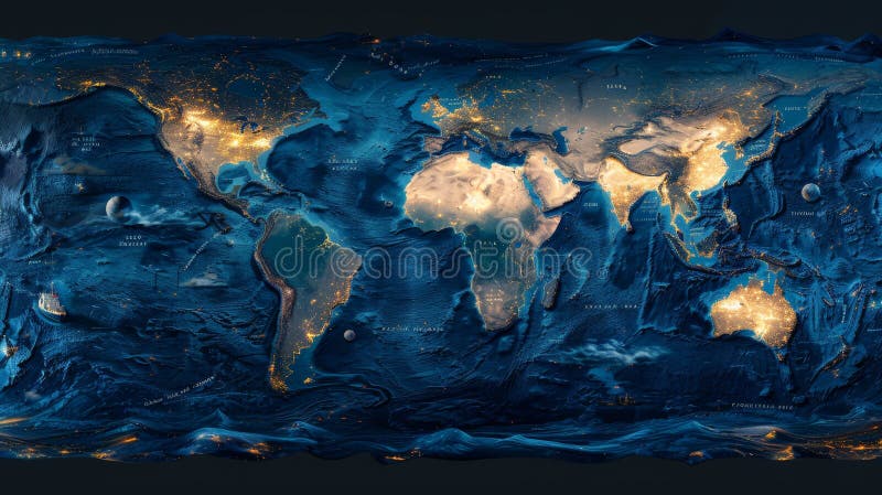 Night Map of the World with Glowing Lights. Illuminated Geographical ...