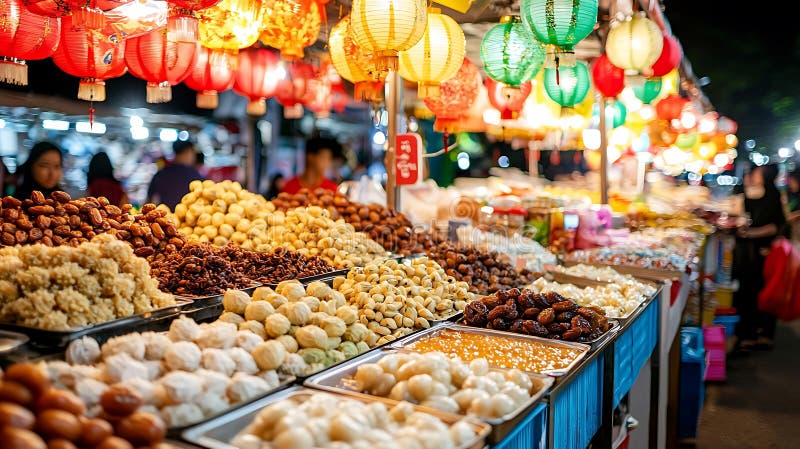 Night Market Food Stall with Various Asian Sweets and Nuts Stock Image ...