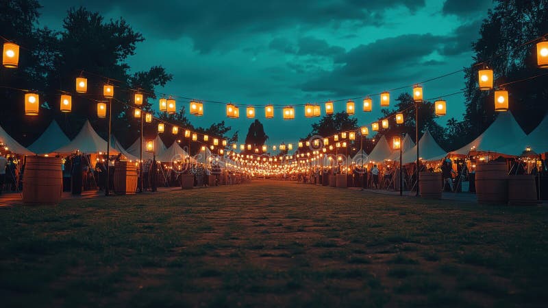 Night Market with Illuminated Lanterns and Tents Stock Illustration ...