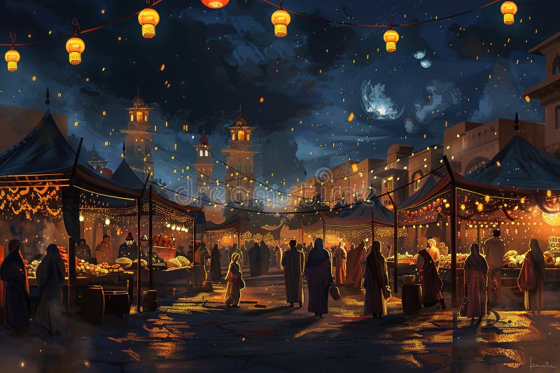 Night Market Scene with Lanterns and Festive Atmosphere Stock ...