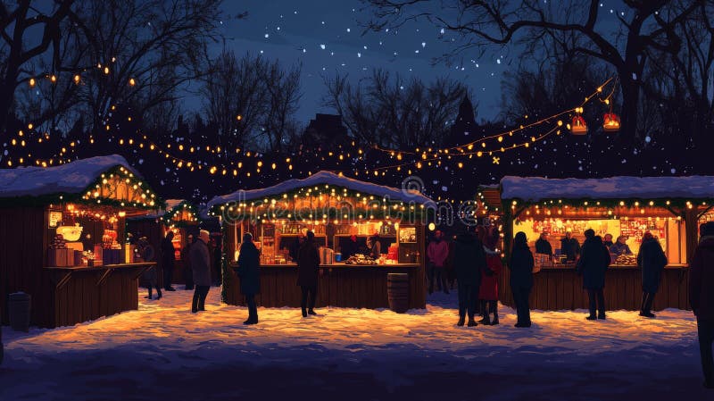 Night Market Under a Snowy Sky with Festive Lights Stock Illustration ...