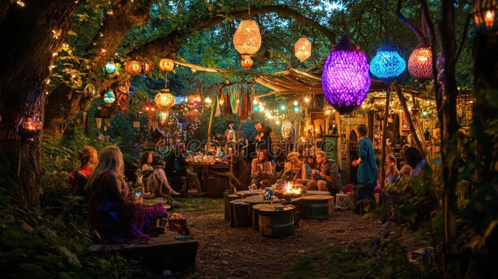 Night market under trees stock illustration. Illustration of lamps ...