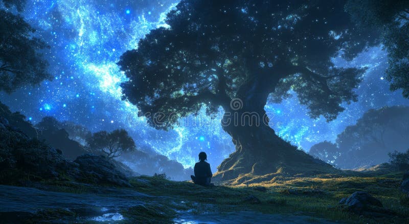At Night, a Meditating Individual Sits Beneath the Sprawling Canopy of ...