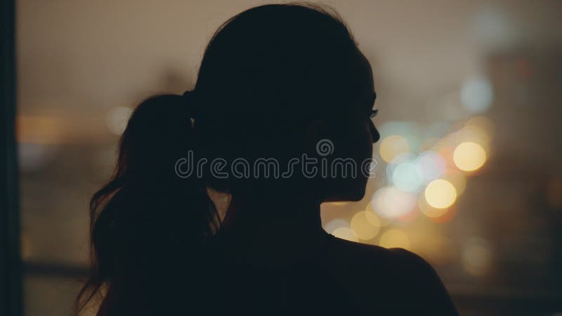 Night Model Looking Panoramic Window at Dark Flat Back View. Woman ...