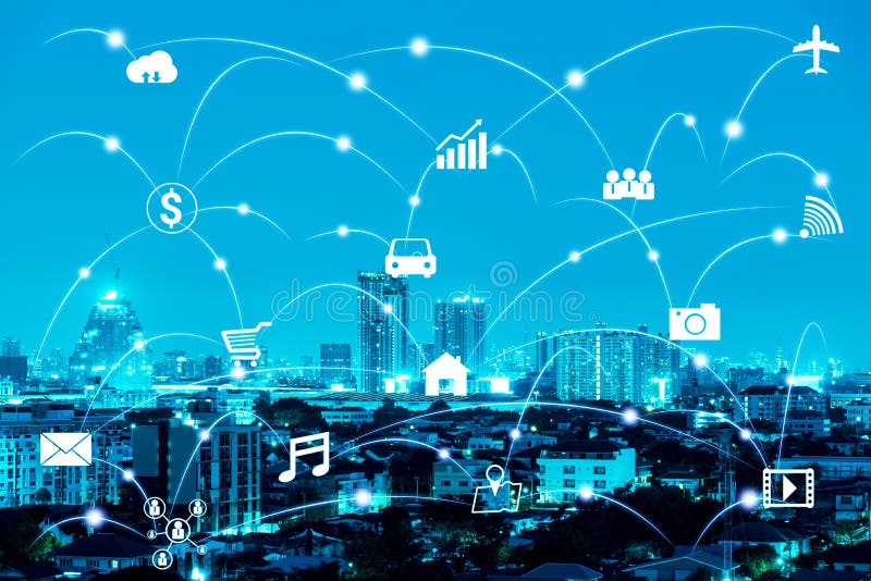 Night Modern City with Internet of Things IOTs on the Sky Stock Photo ...