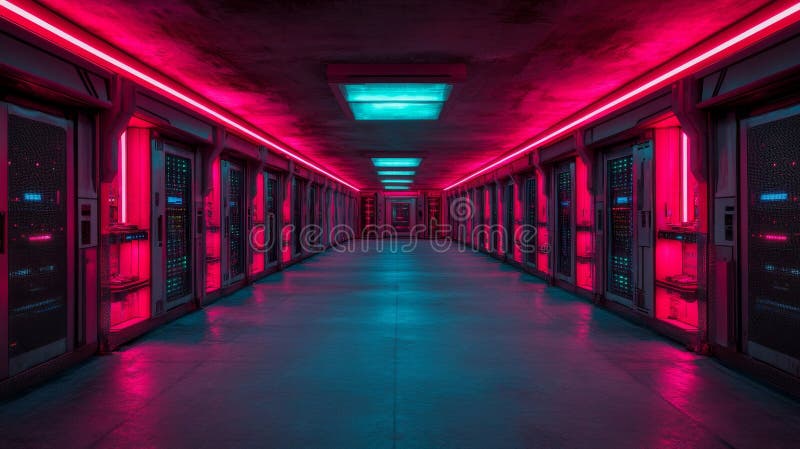 At Night, a Modern Data Center Corridor is Bathed in Red Lights from ...