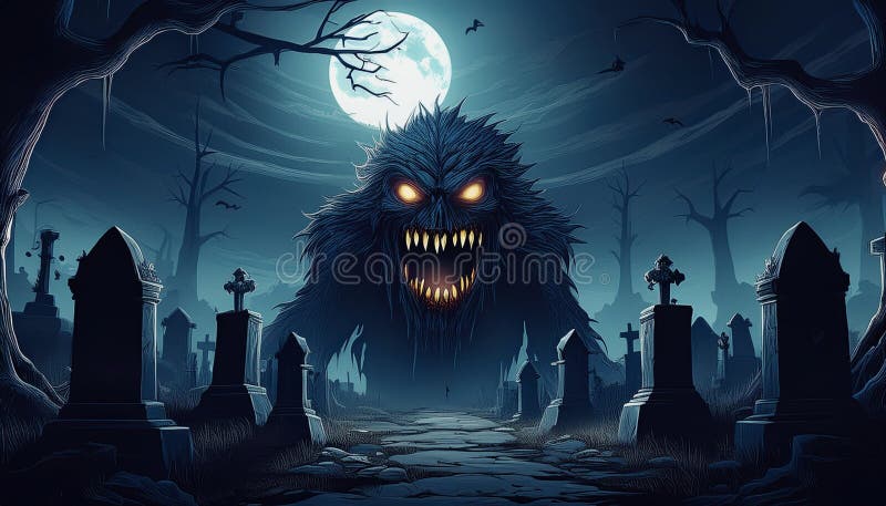 Night Monster at the Full Moon in the Graveyard Stock Illustration ...