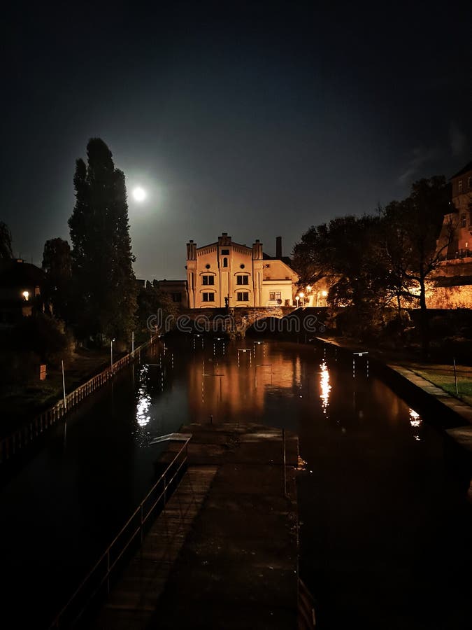 Night Moon Evening Streets Lamp TreeRiver Stock Image - Image of lamp ...