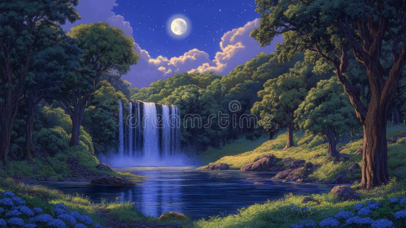 At Night, Moonlight Bathes a Waterfall Cascading into a Forest Pool ...