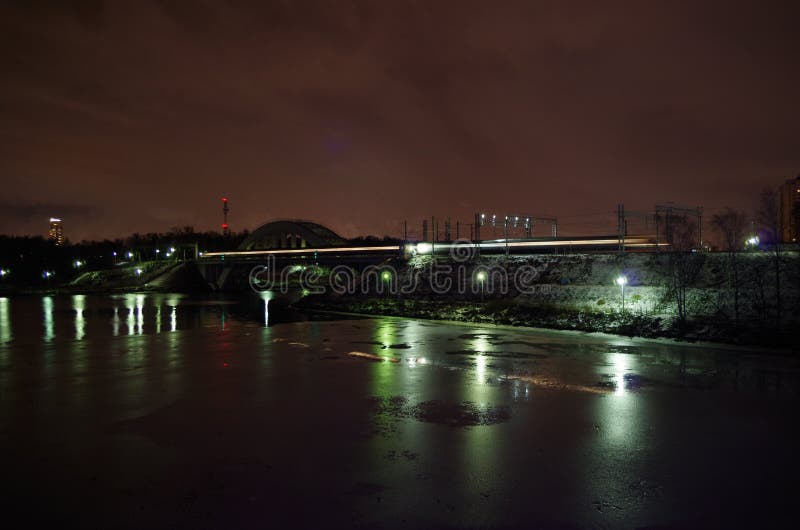Night Moscow Channel and Railroad Stock Image - Image of night, himki ...